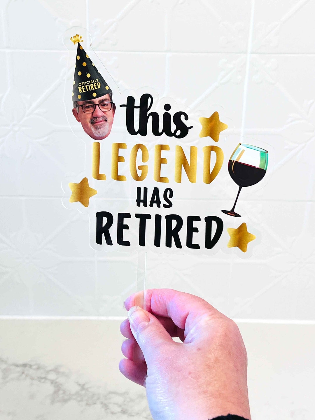 Personalised Retirement Photo Cake Topper - Custom Name & Photo, Clear ...