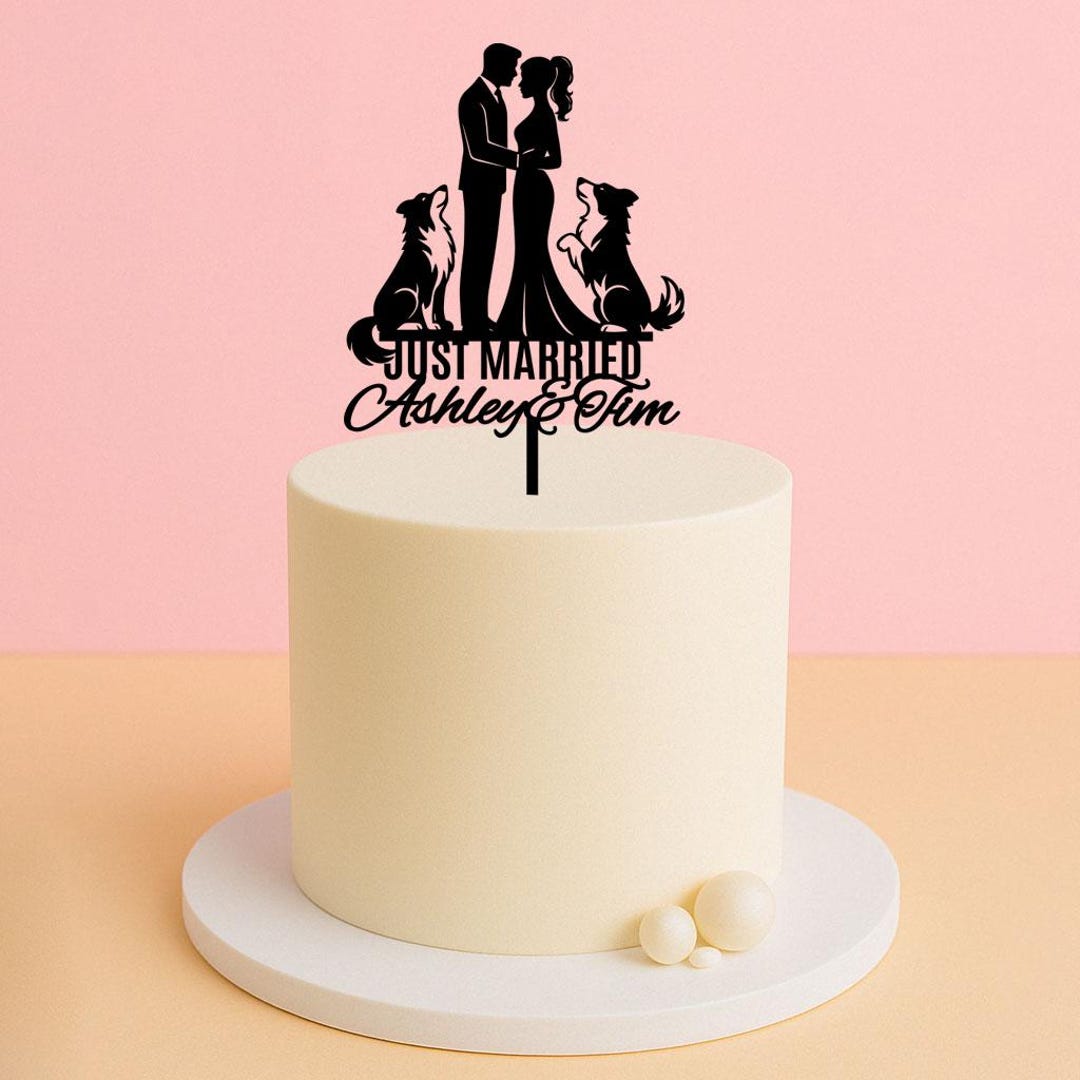 Bride & Groom With Two Border Collies Cake Topper | Personalised Dog ...