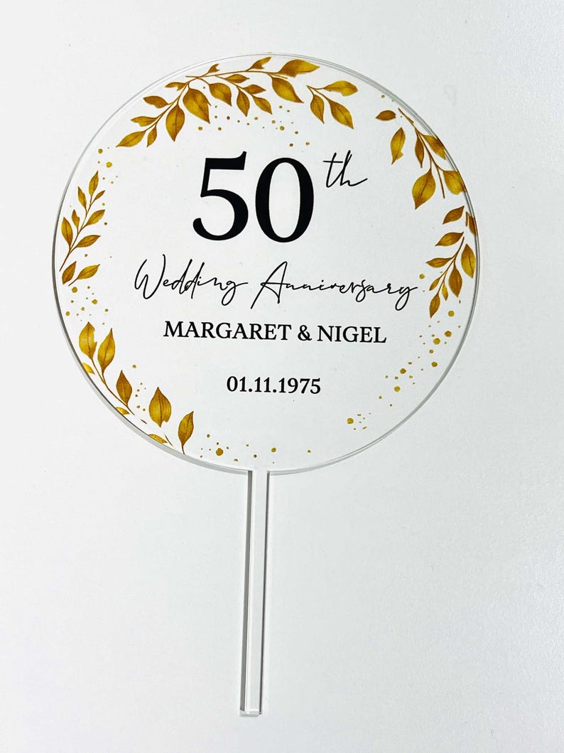 Golden Leaves Anniversary Cake Topper Gift – Personalised UV Printed ...