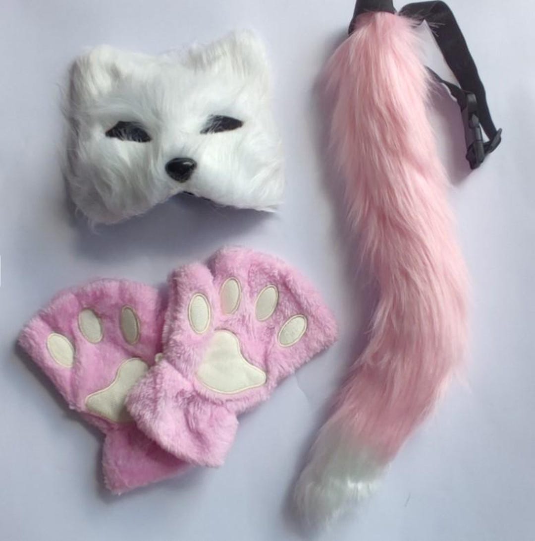 Pink-white Quadrobic Set fluffy White Mask, Pink Paws, Large Pink Tail ...