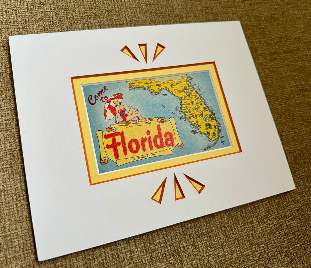 Come to Florida, Vintage Postcard Map, Matted to 8 X 10, Vintage ...