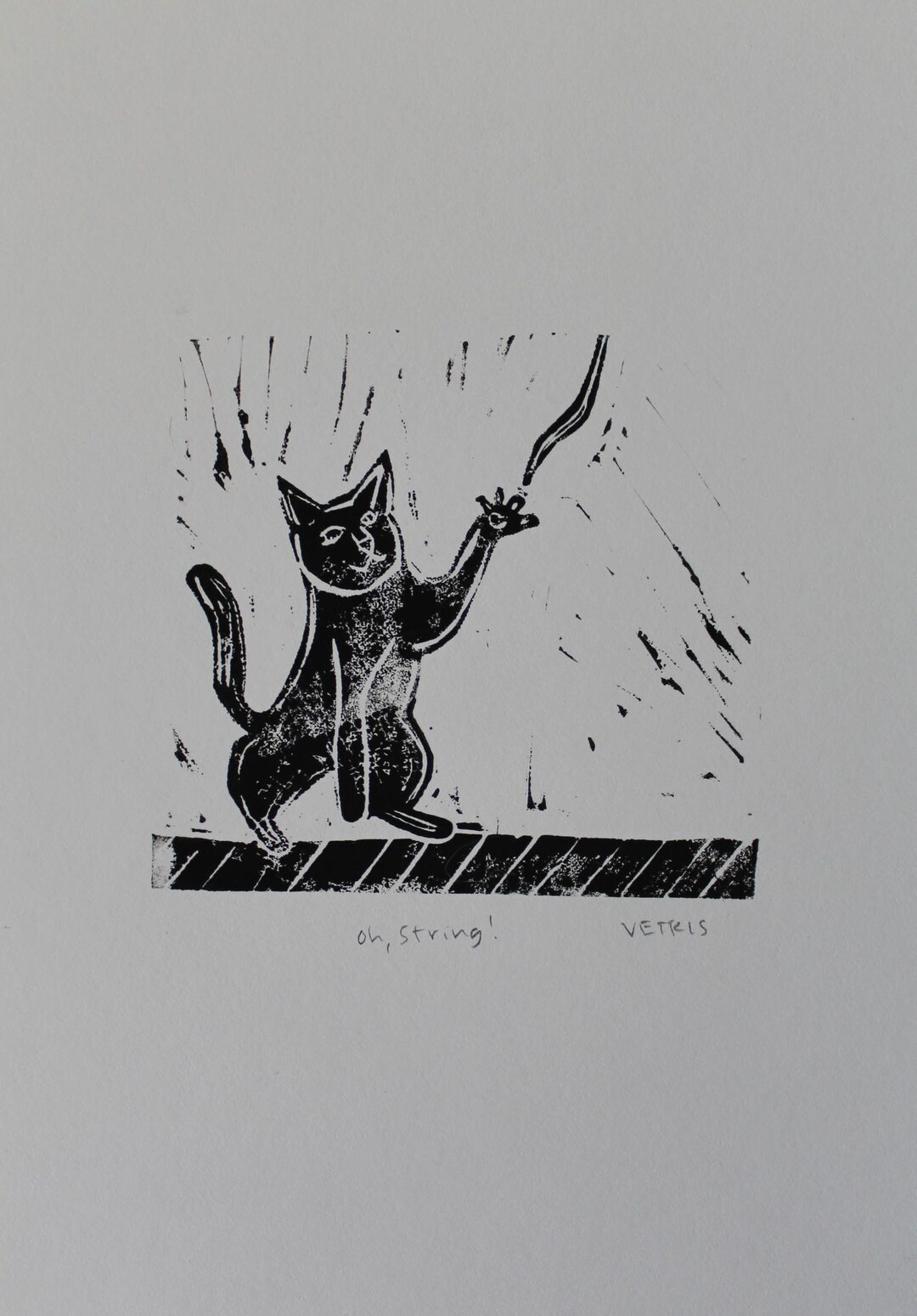 Cat Block Print, 5x7 Original Linocut Art, Cat Playing With String ...