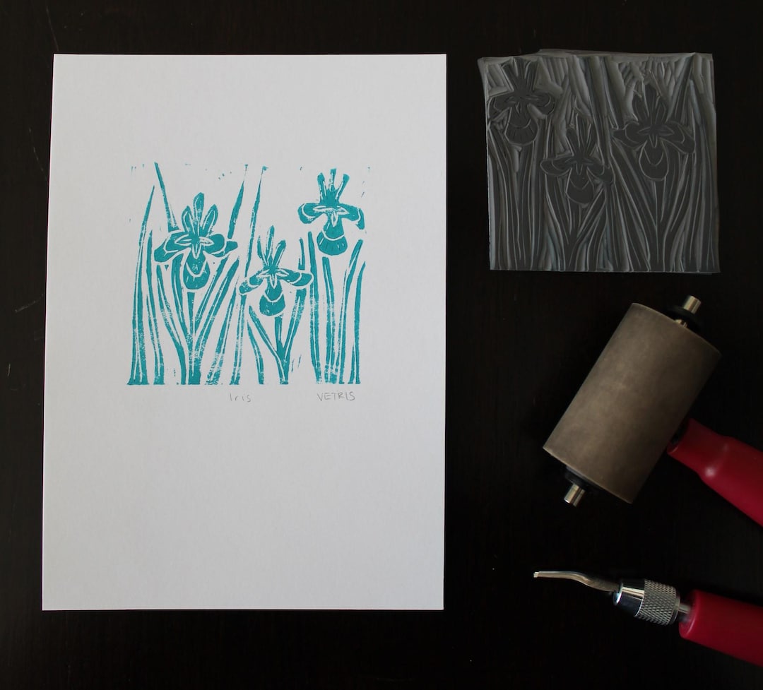 Iris Flower Block Print, 5x7 Original Handmade Print, Floral Linocut ...