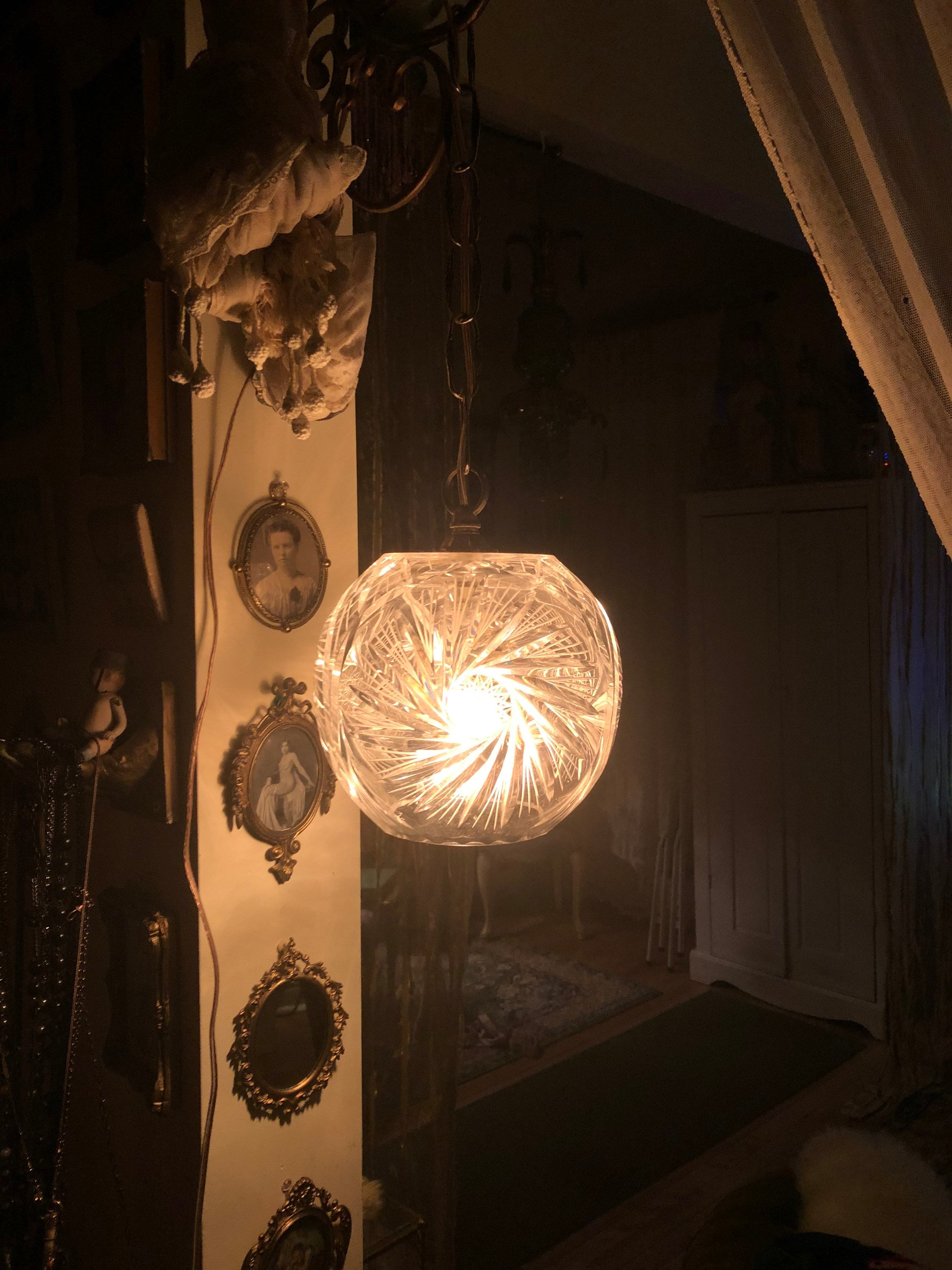 Antique American Cut Glass Crystal Pendant Lamp Pinwheel Design Re ...