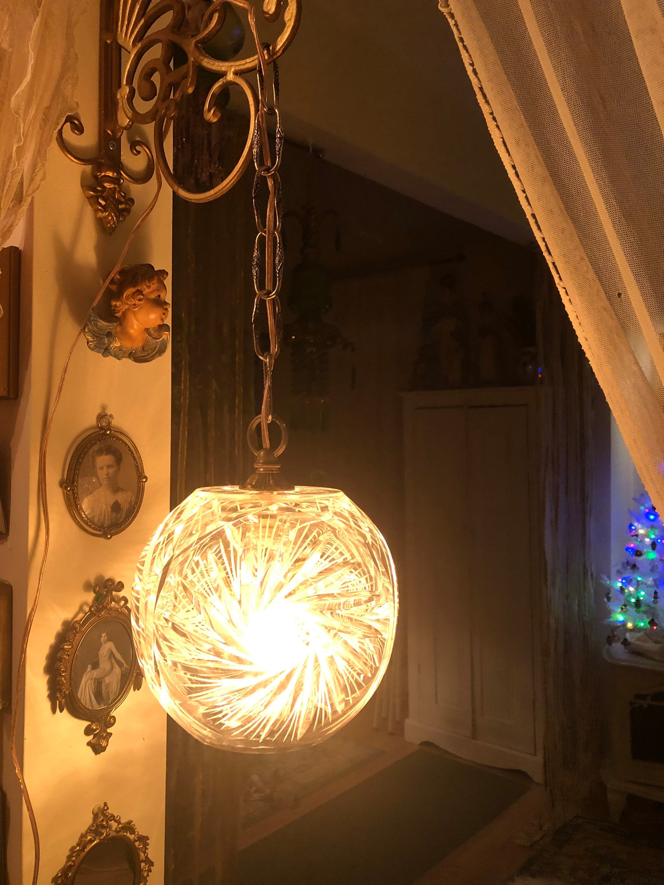Antique American Cut Glass Crystal Pendant Lamp Pinwheel Design Re ...