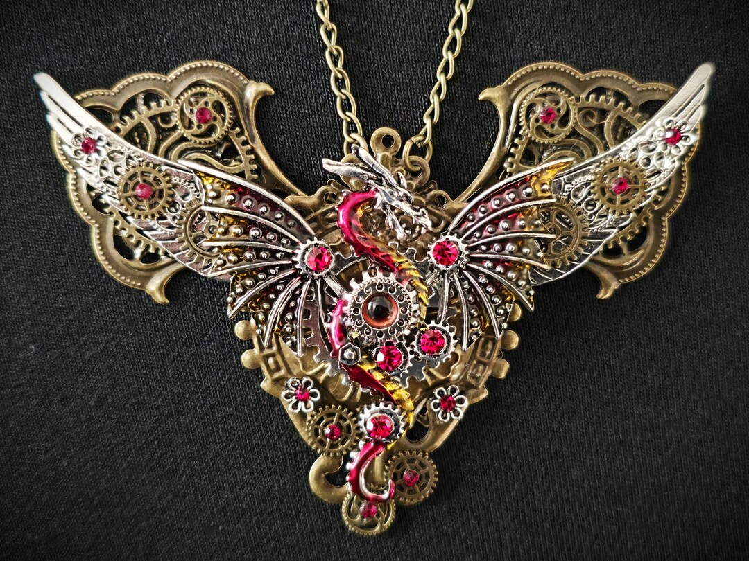 NEW! - Fantasy Steampunk Goth Red Dragon Necklace With Enamelled Dragon ...