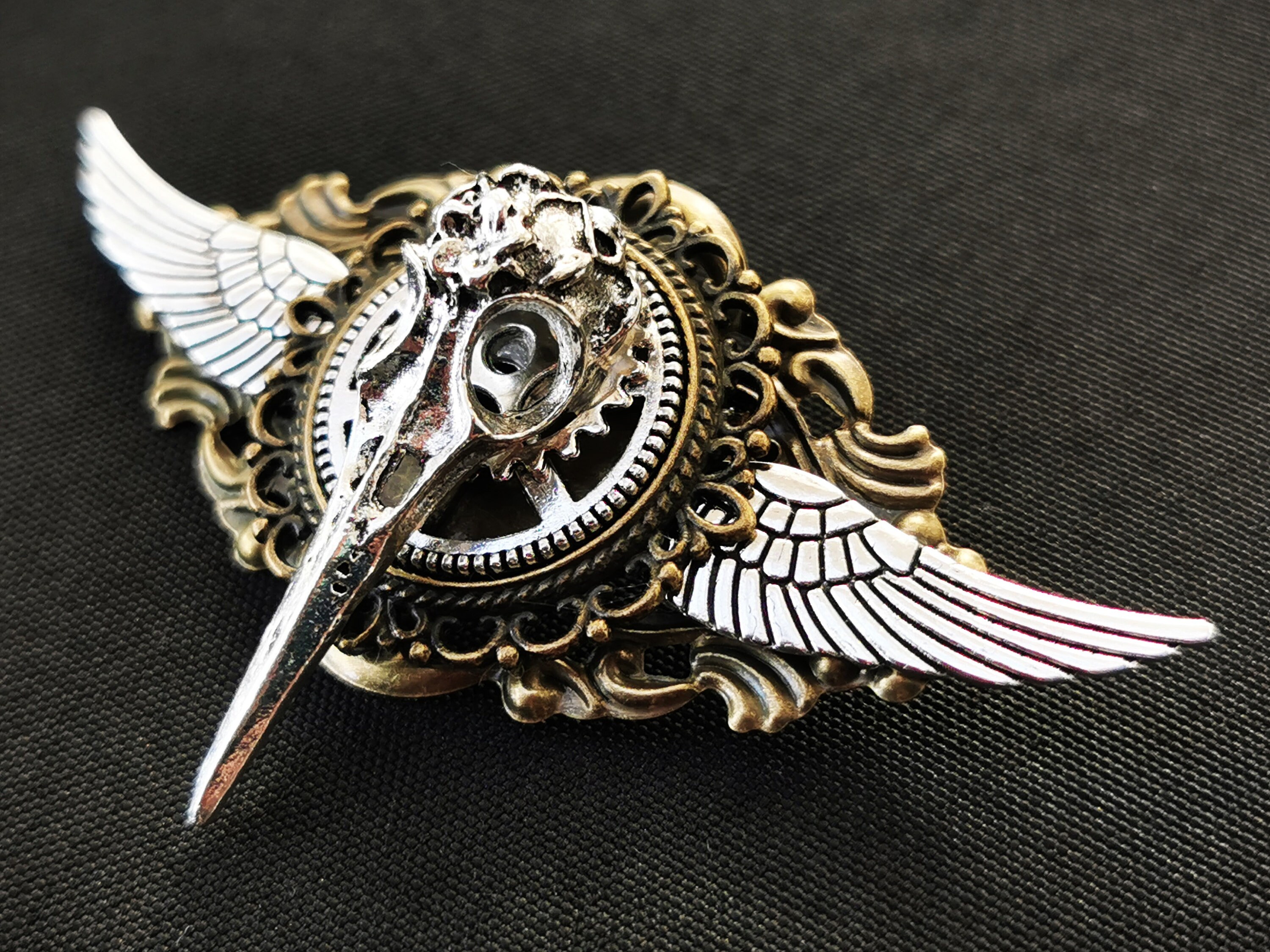 Steampunk Raven Skull Pin: Winged Goth Brooch, Bronze & Silver Gears - Etsy