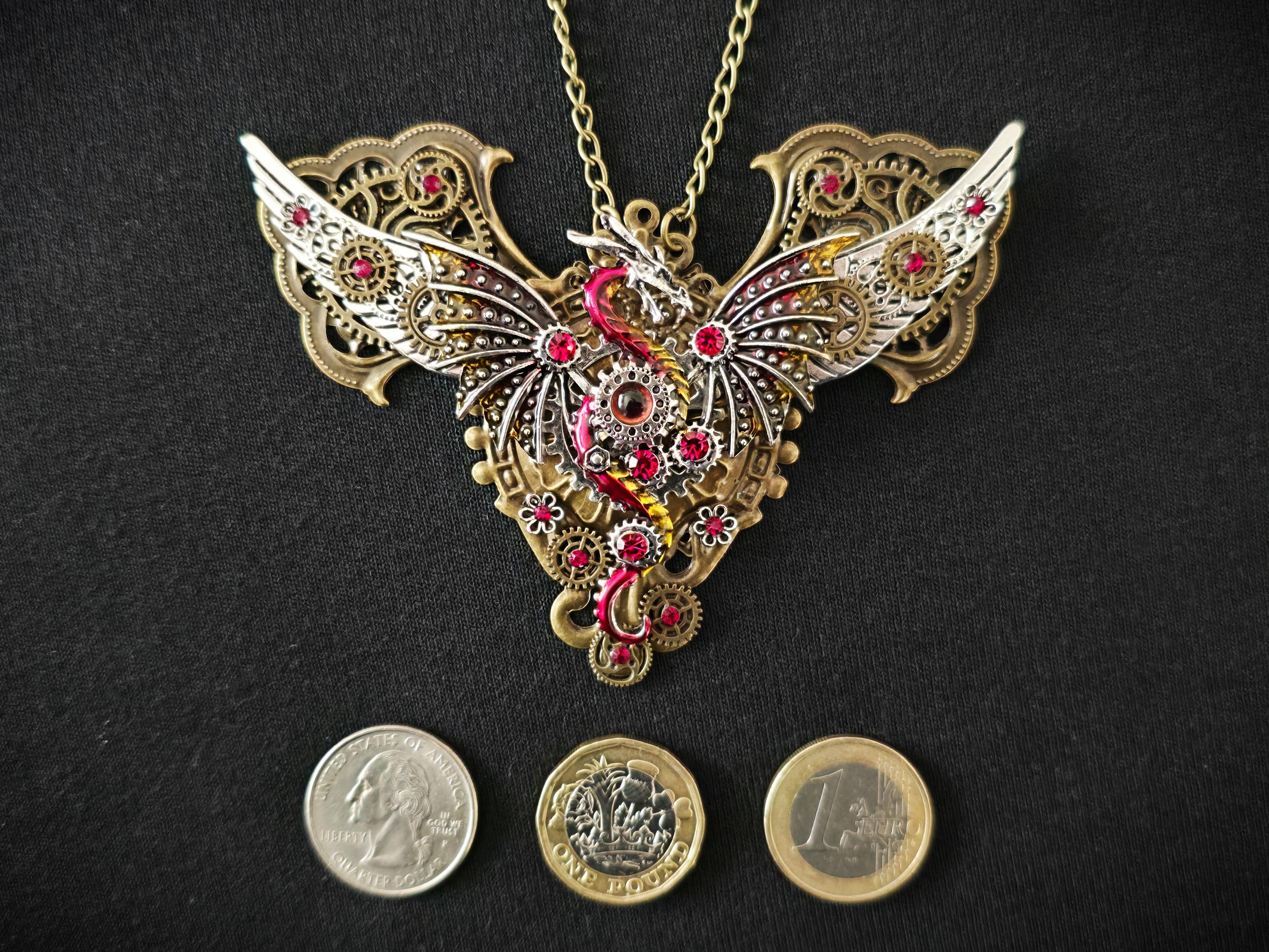 NEW! - Fantasy Steampunk Goth Red Dragon Necklace With Enamelled Dragon ...