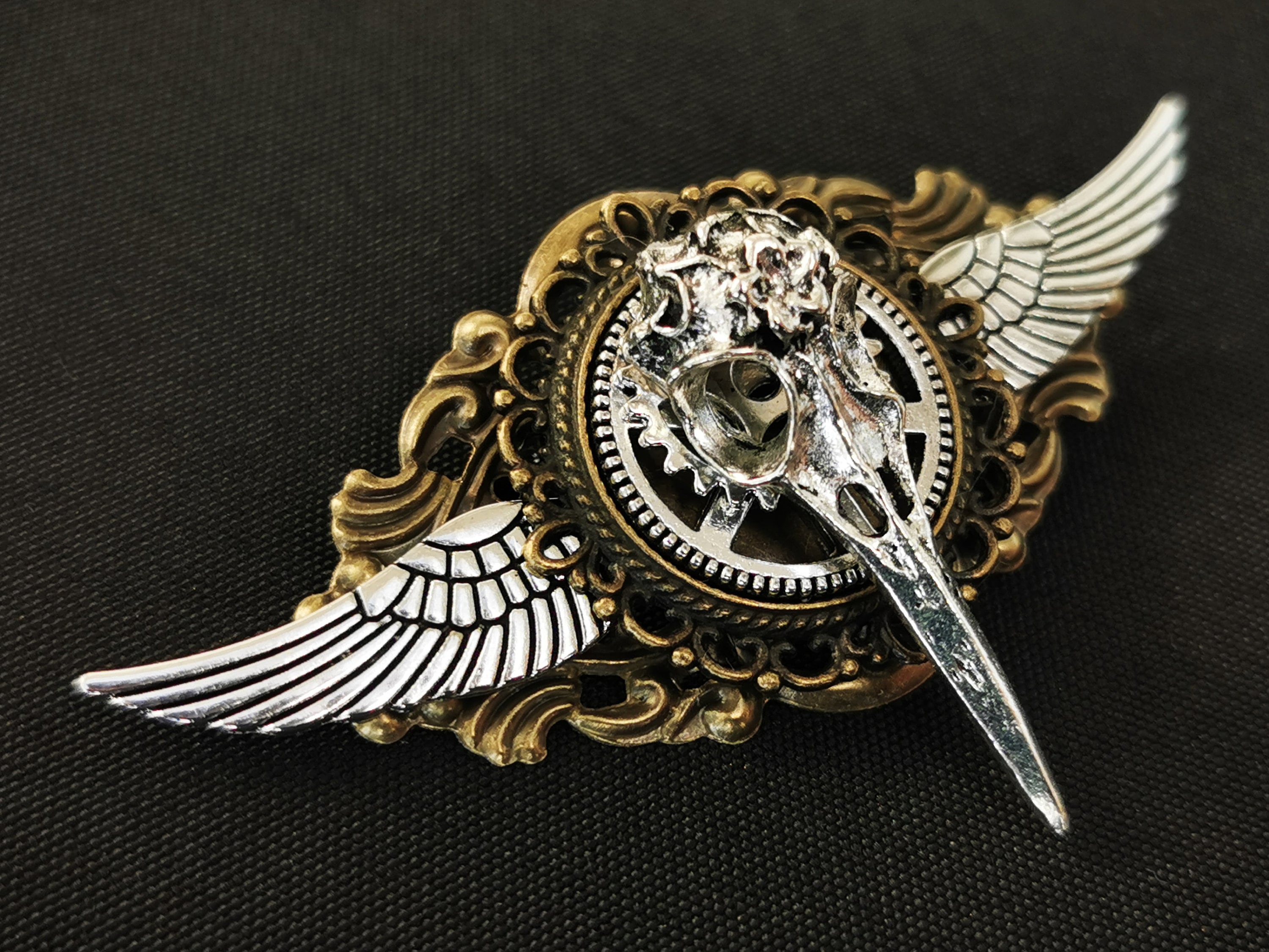 Steampunk Raven Skull Pin: Winged Goth Brooch, Bronze & Silver Gears - Etsy