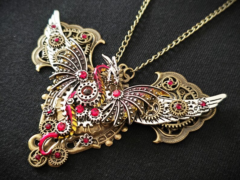 NEW! - Fantasy Steampunk Goth Red Dragon Necklace With Enamelled Dragon ...