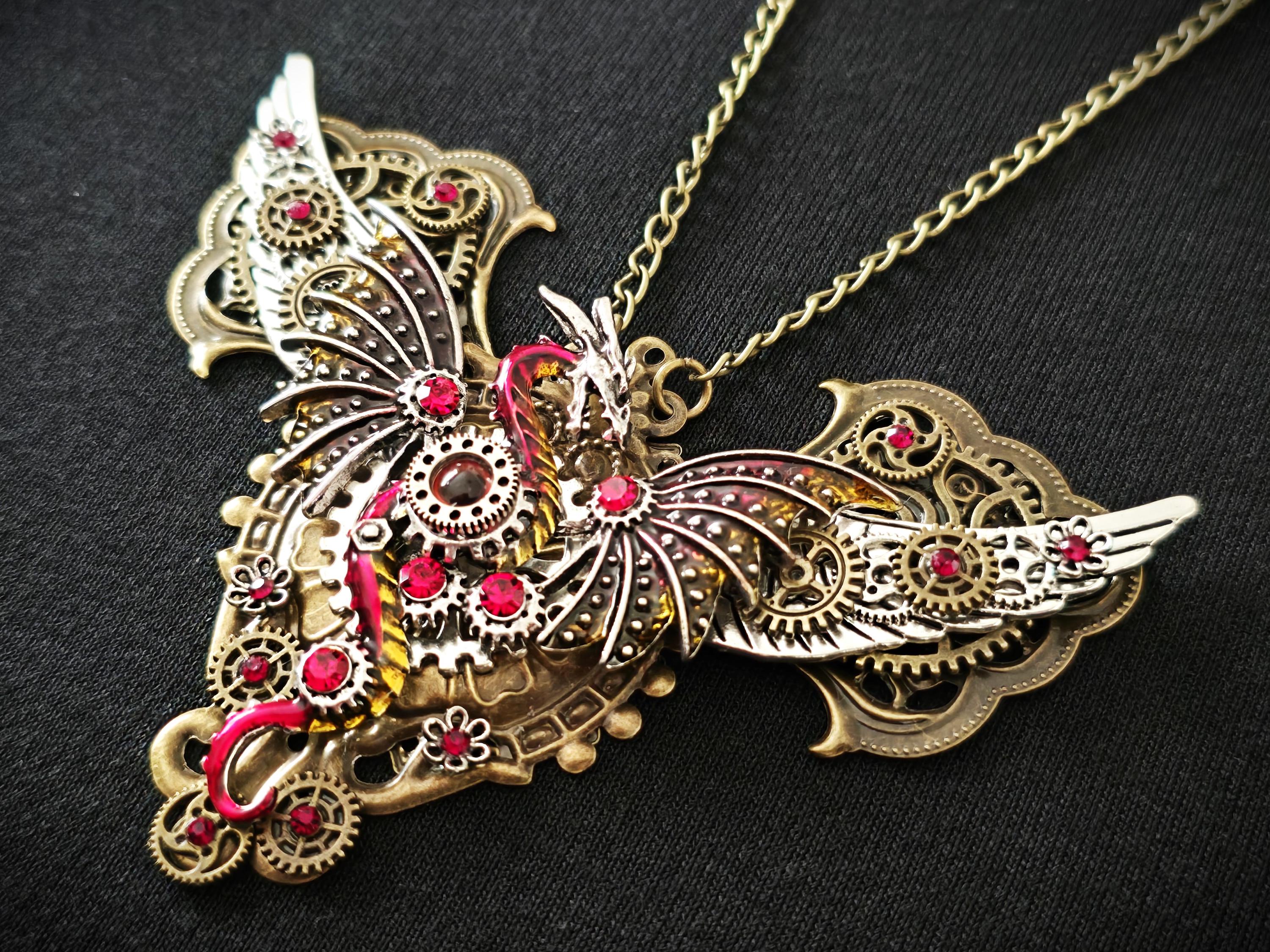 NEW! - Fantasy Steampunk Goth Red Dragon Necklace With Enamelled Dragon ...