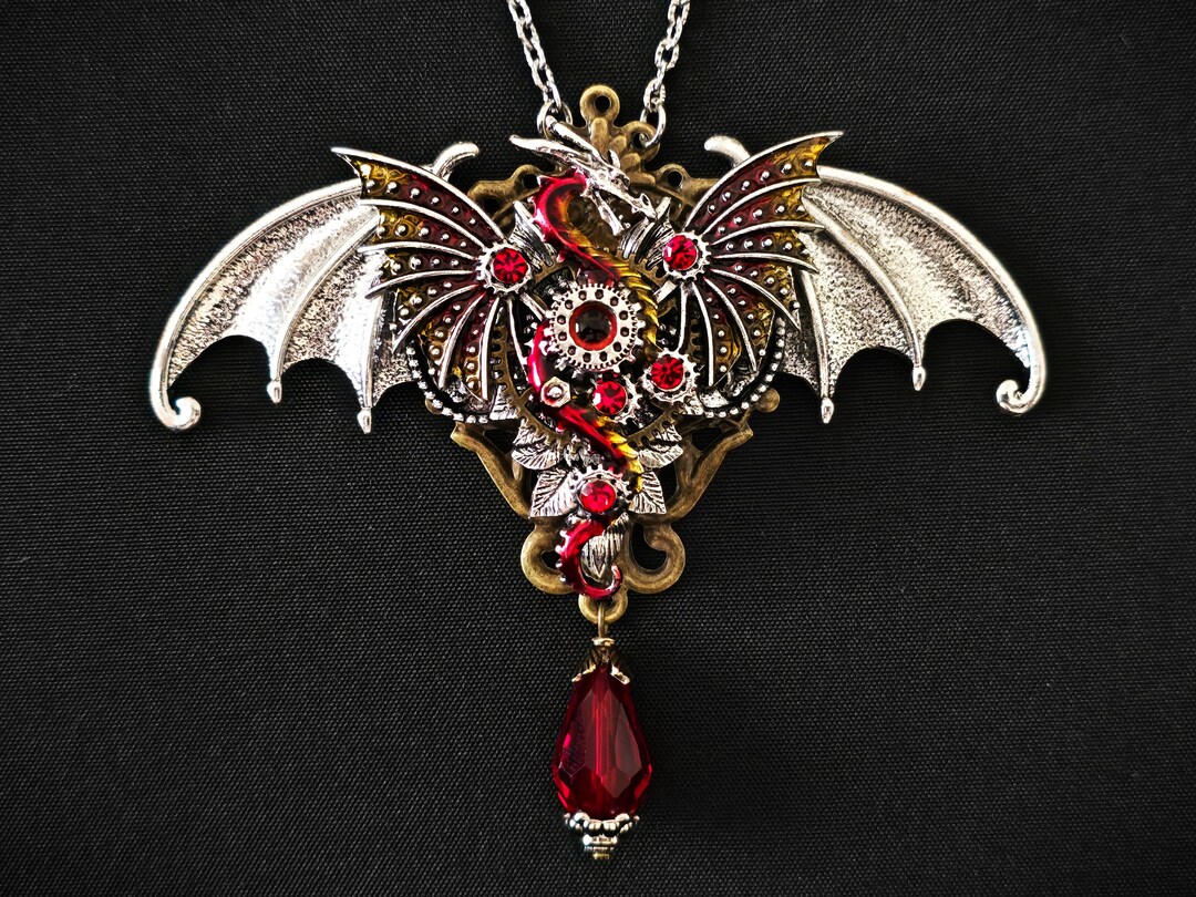 NEW Fantasy Steampunk Goth Red Dragon Necklace With Enamelled Dragon ...
