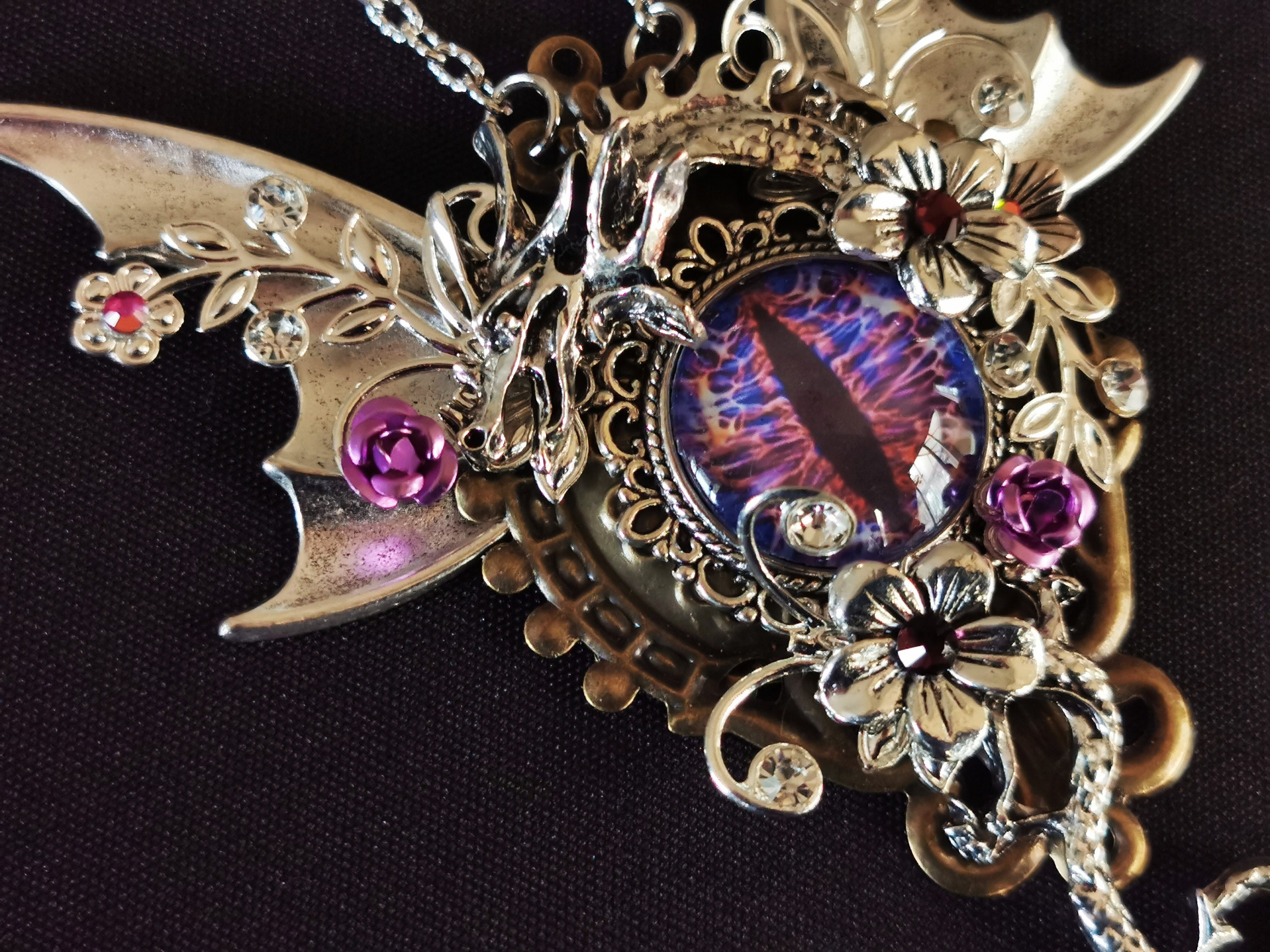 Steampunk Fae Dragon Eye Pendant: Gothic Silver Wings Necklace - Etsy UK