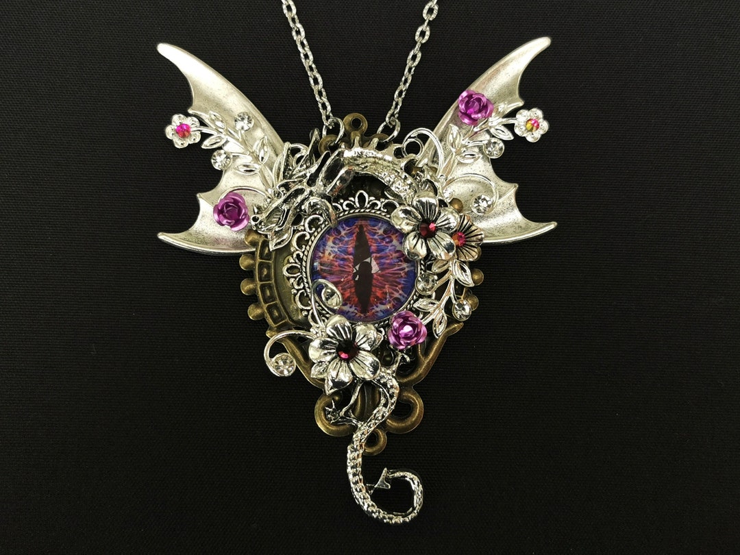 Steampunk Fae Dragon Eye Pendant: Gothic Silver Wings Necklace - Etsy