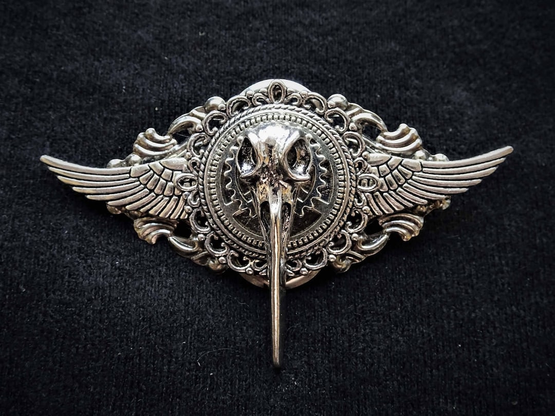Gothic Steampunk Goth Fantasy Winged Raven Bird Skull Pin Badge and ...