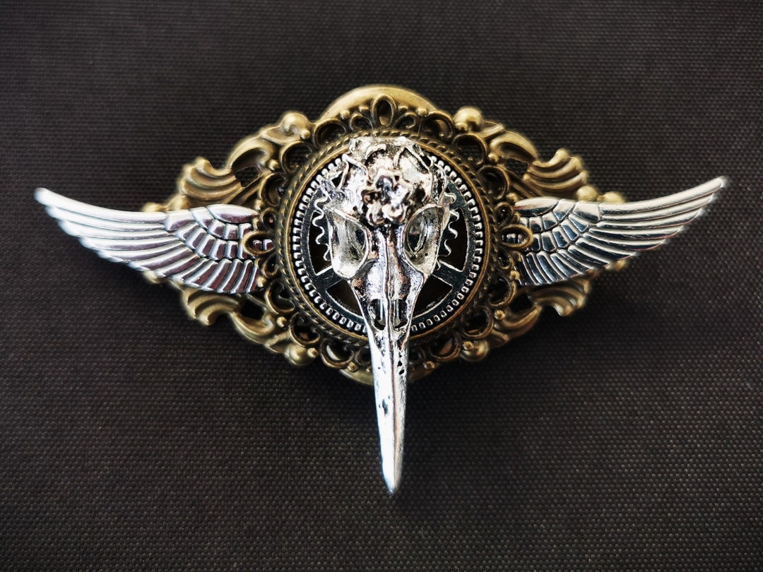 Steampunk Raven Skull Pin: Winged Goth Brooch, Bronze & Silver Gears - Etsy