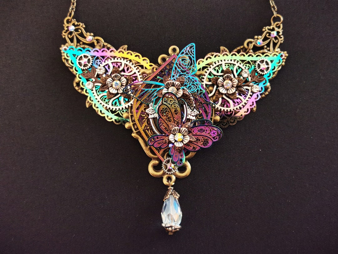 NEW Beautiful Steampunk Fae Fairy Necklace With Iridescent Butterflies ...