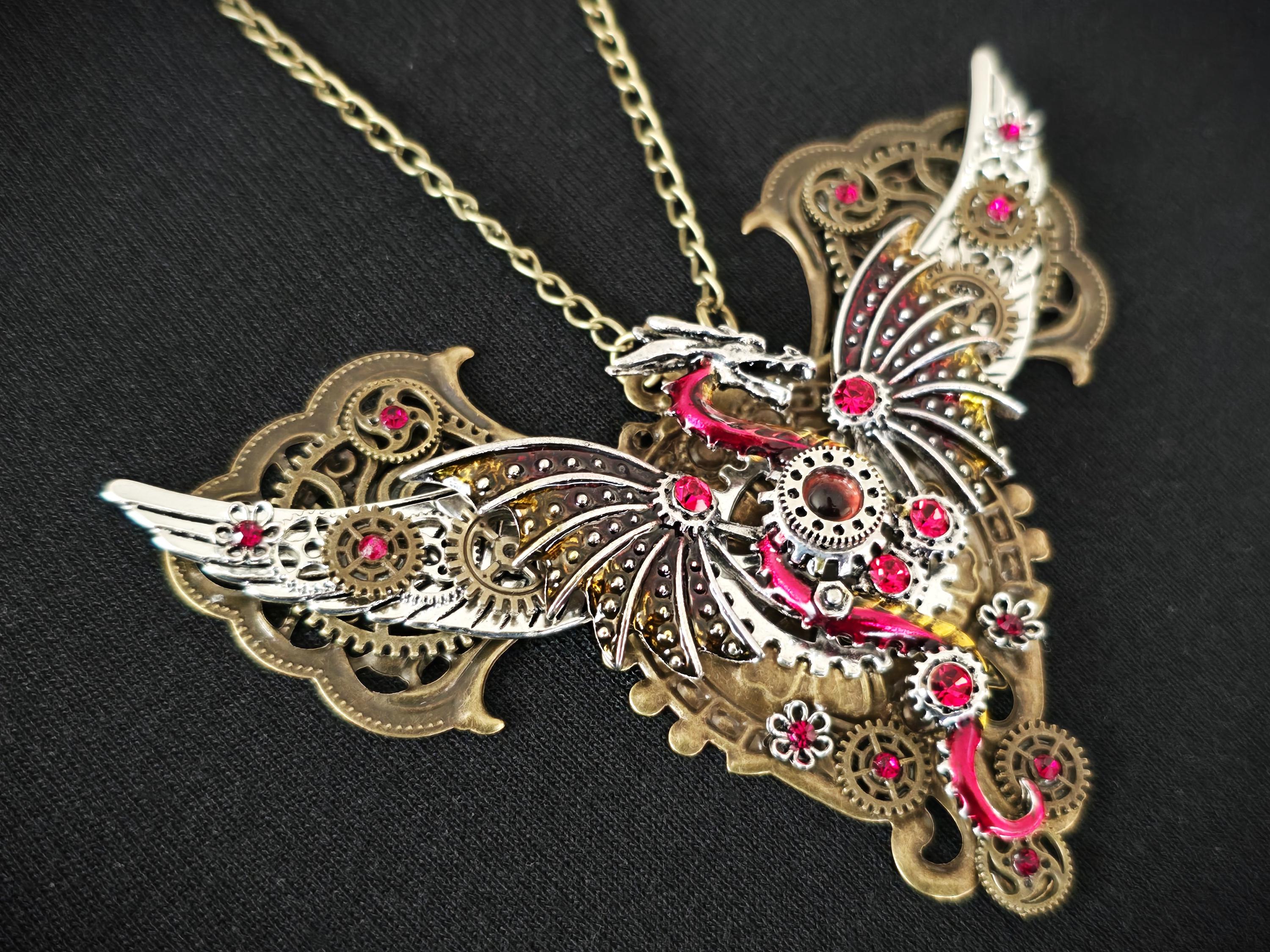 NEW! - Fantasy Steampunk Goth Red Dragon Necklace With Enamelled Dragon ...