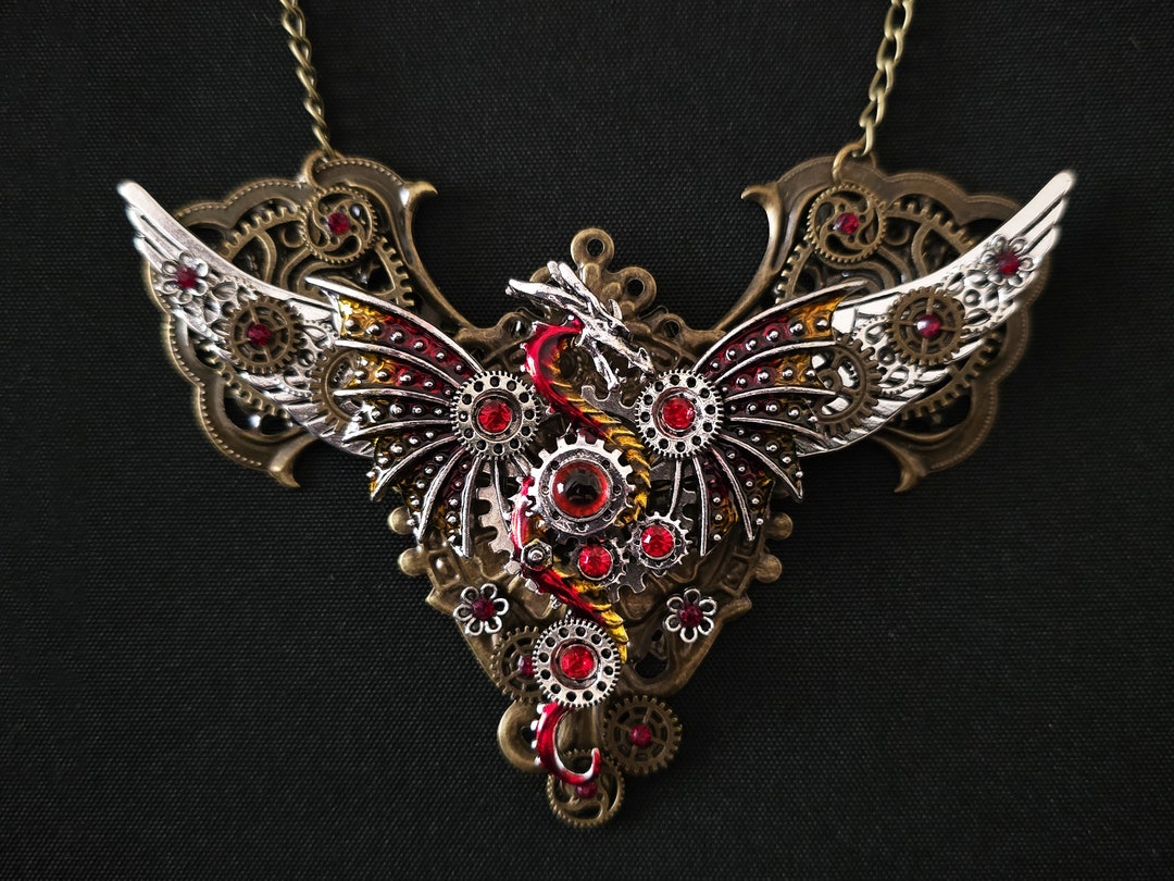 NEW Fantasy Steampunk Goth Red Dragon Necklace With Enamelled Dragon ...