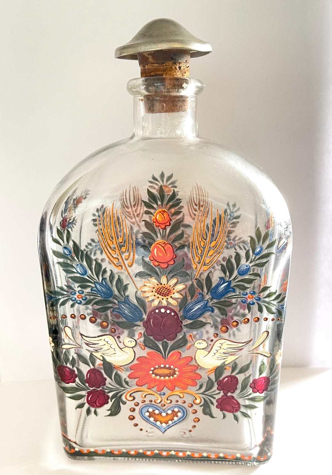 Stiegel Type Enameled Glass Bottle Hearts Birds Flowers Vintage - Etsy