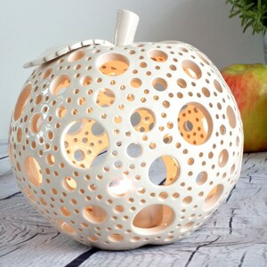 White Apple Tea Light Holder - Fall or Winter Table Decor Red Candle ...