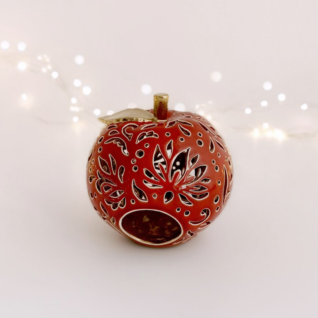 Fall Centerpiece - Carved Clay Apple Candle Holder or Tealight Lantern ...