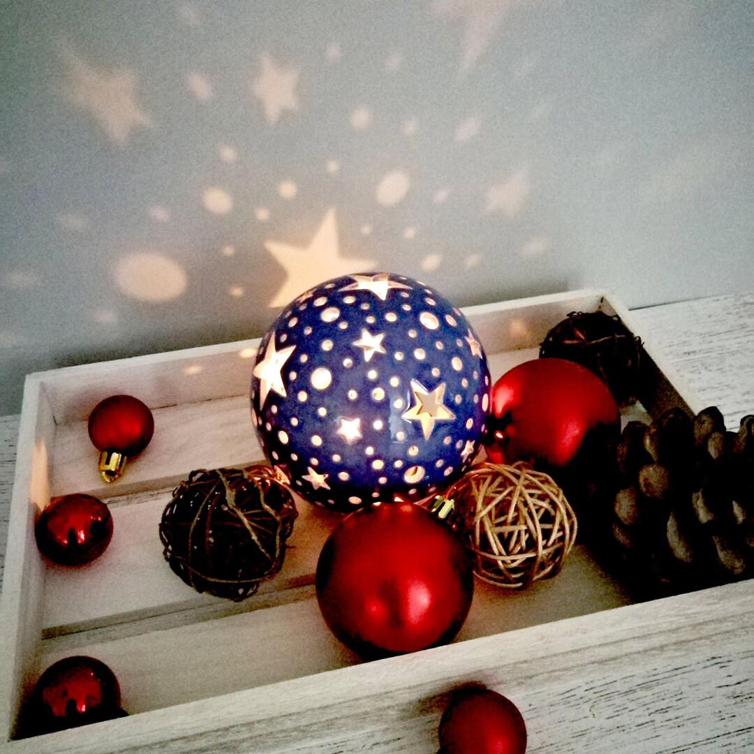 Blue Candle Lantern - Christmas Star Decor Shadow Lamp Blue Pottery Tea ...