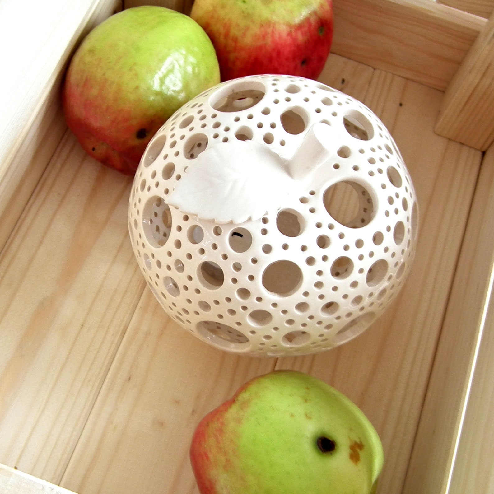 White Apple Tea Light Holder Fall or Winter Table Decor Red Candle ...