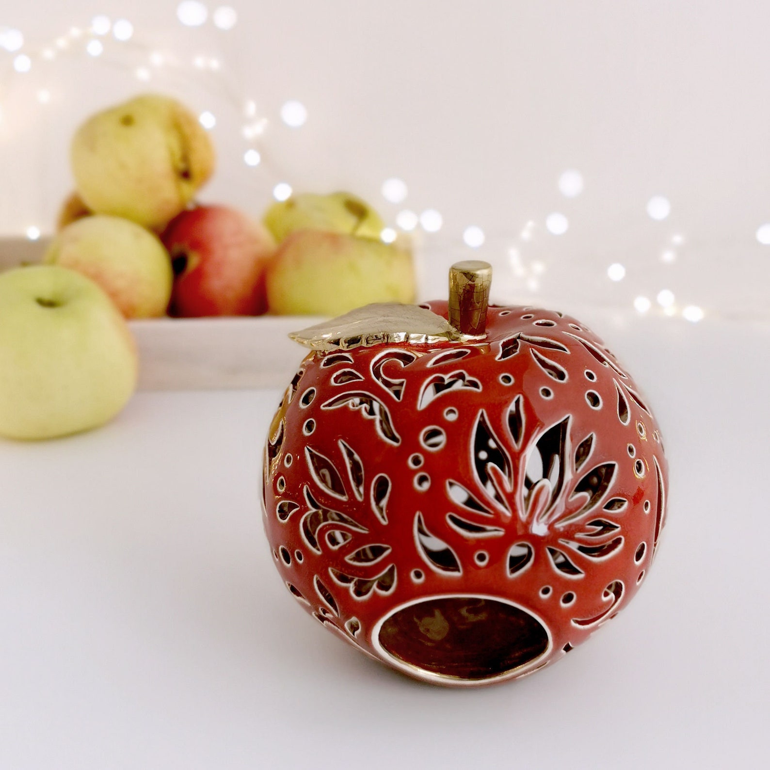 Fall Centerpiece - Carved Clay Apple Candle Holder or Tealight Lantern ...