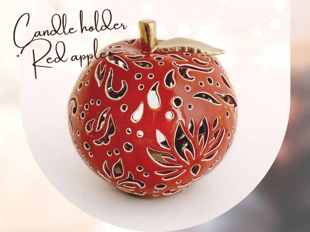 Red Apple Tea Light Holder: Carved Ceramic Fall Lantern - Etsy
