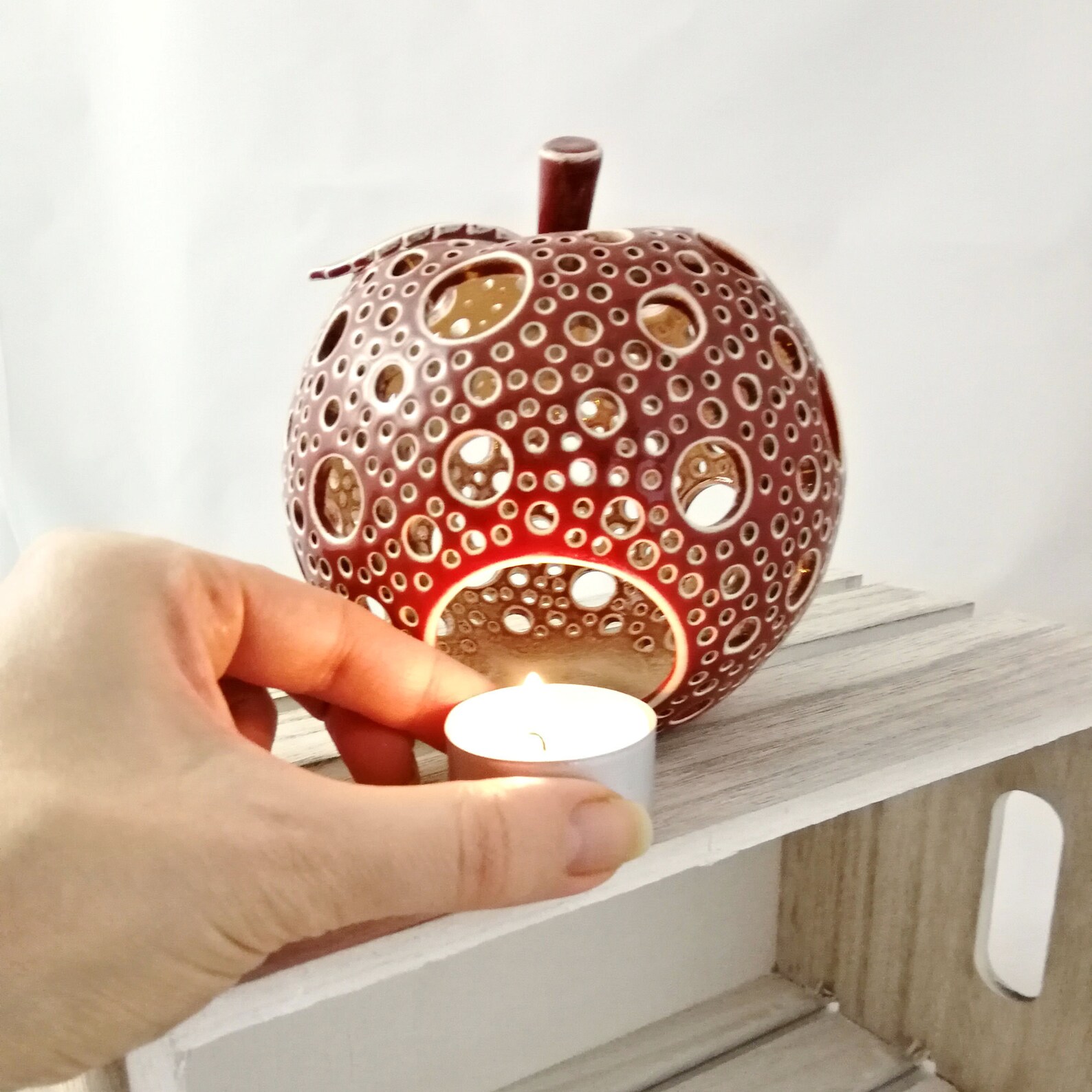 White Apple Tea Light Holder Fall or Winter Table Decor Red Candle ...