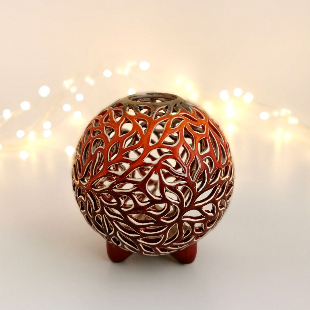 Red Ceramic Tea Light Holder: Pottery Candle Lantern With Gold Decor - Etsy