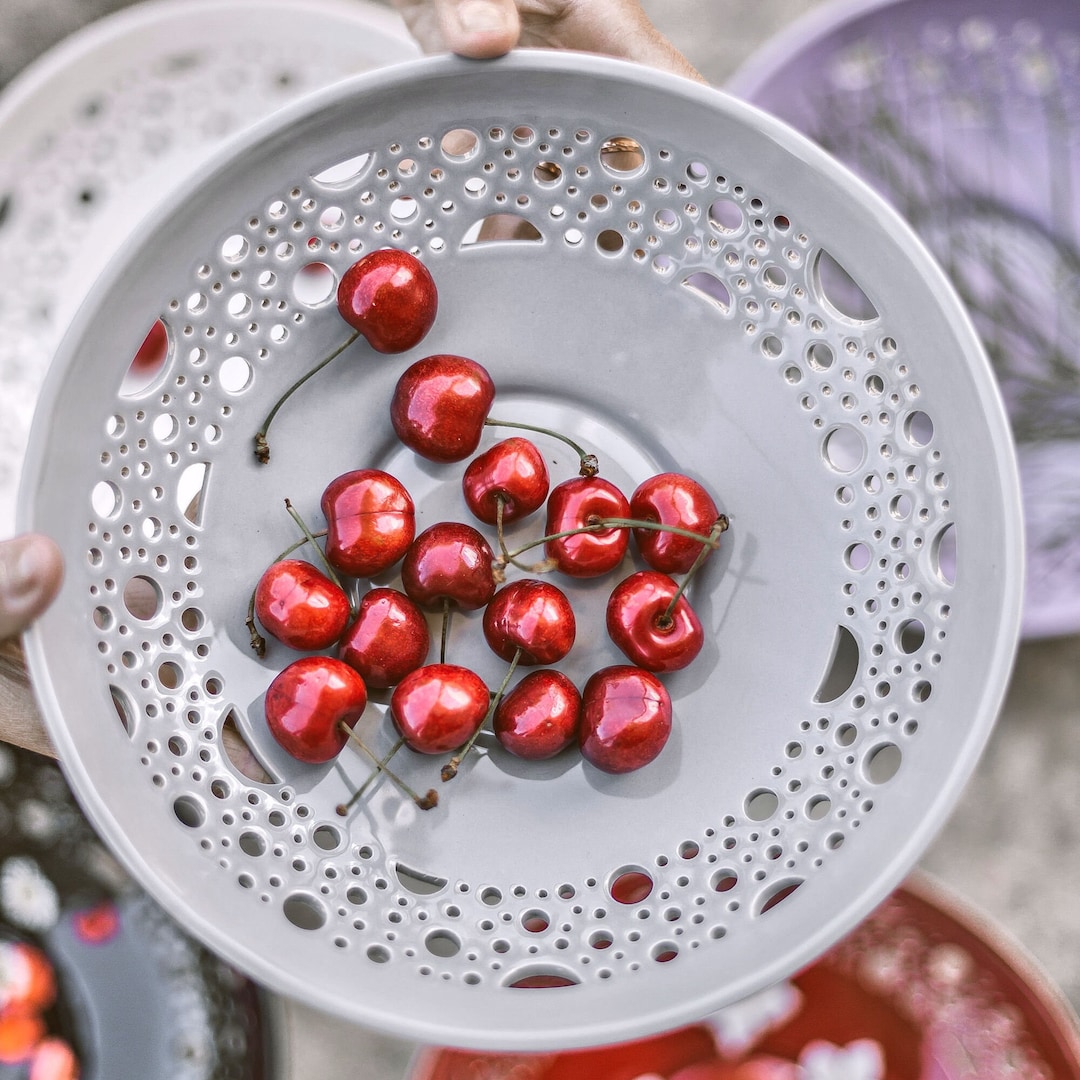 Gray Ceramic Cut Outs Plate for Fruit Handmade Bowl Pottery - Gray ...