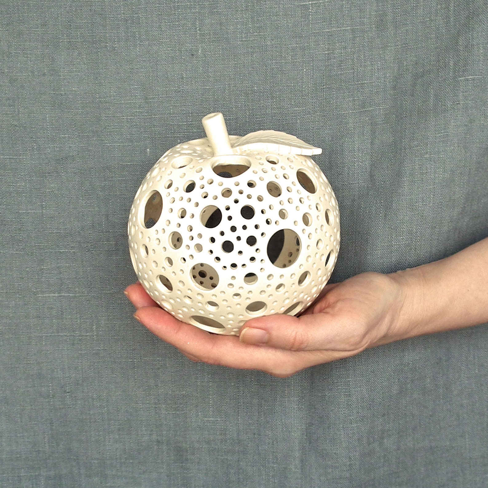 White Apple Tea Light Holder Fall or Winter Table Decor Red Candle ...