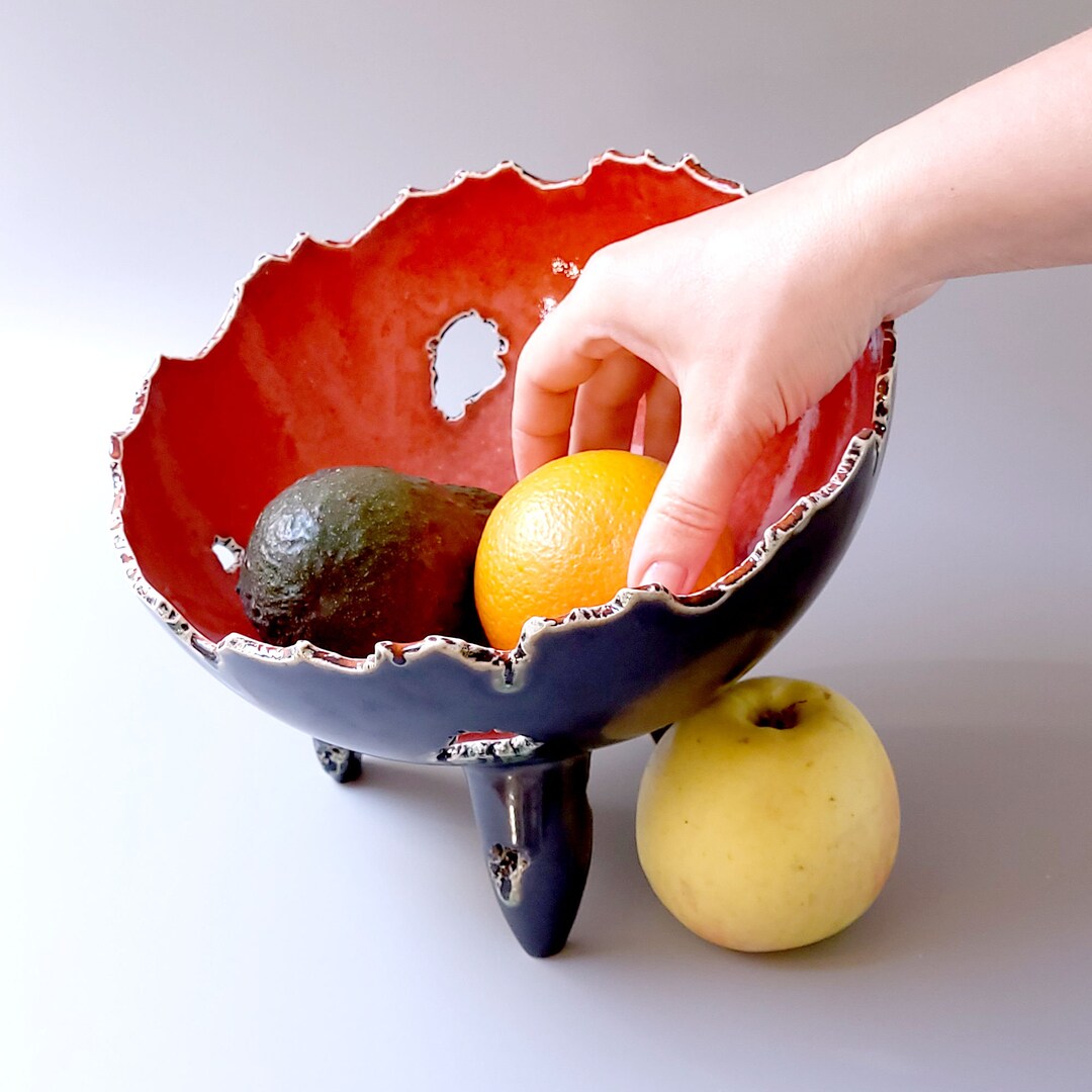 Large Black Ceramic Fruit Bowl 20th Anniversary Gift Pedestal Bowl With ...