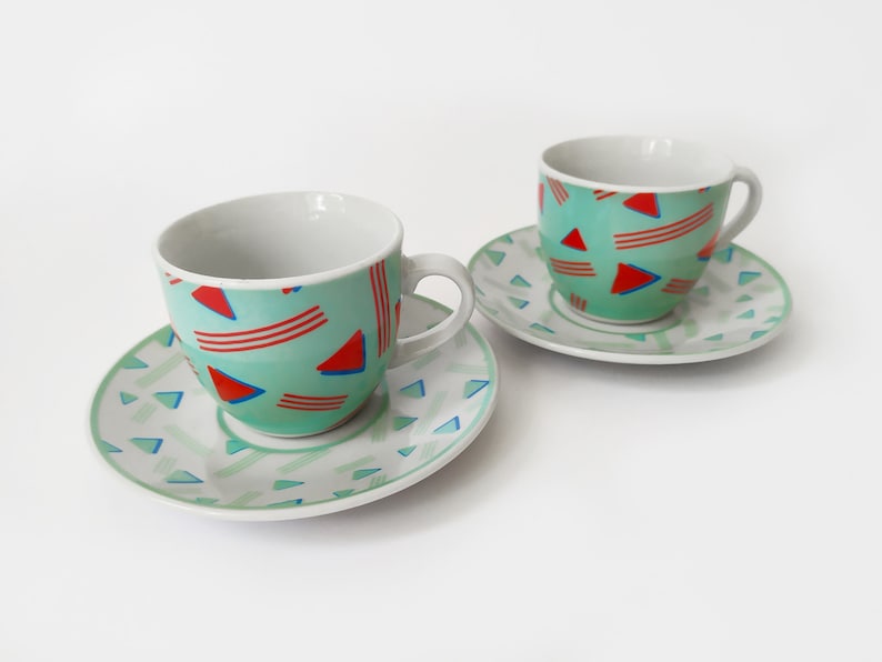 Vintage Set Two Coffee Cups 80s Memphis Milano Style Saucers Tea Sets ...
