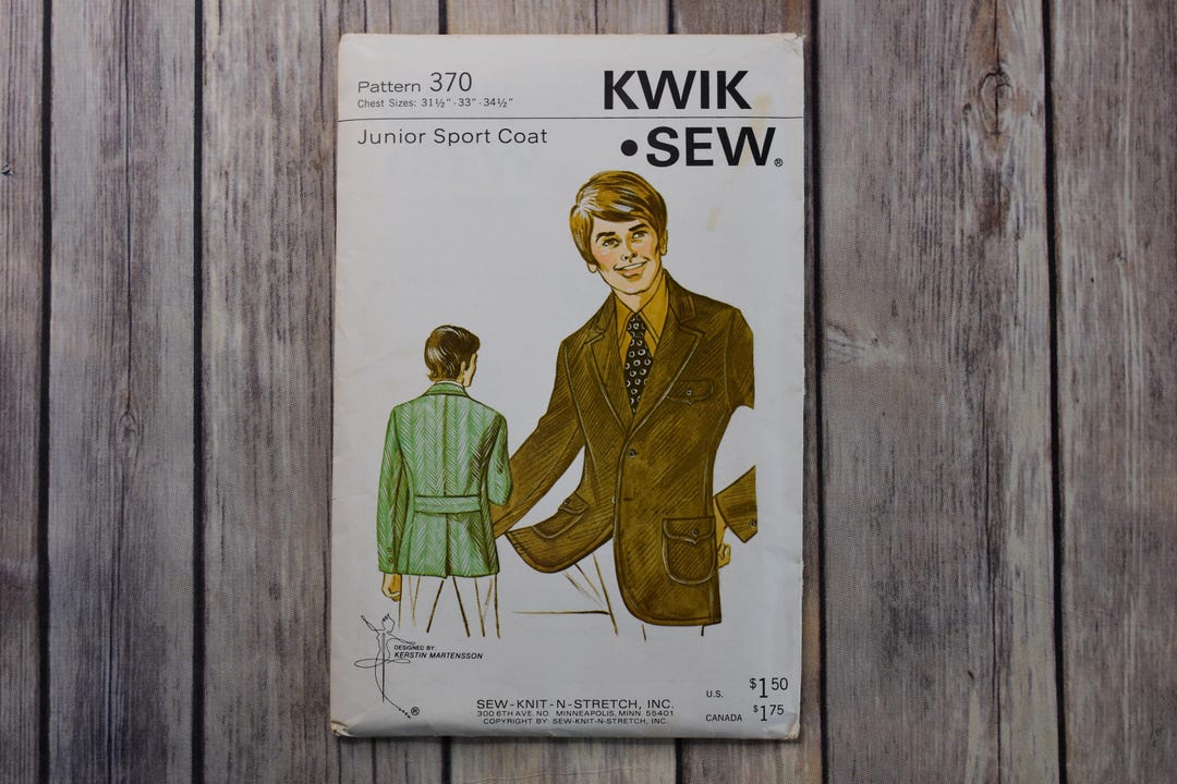 Kwik Sew Men's Junior Sport Coat Pattern 370 (uncut, Sizes 31.5-34.5 ...