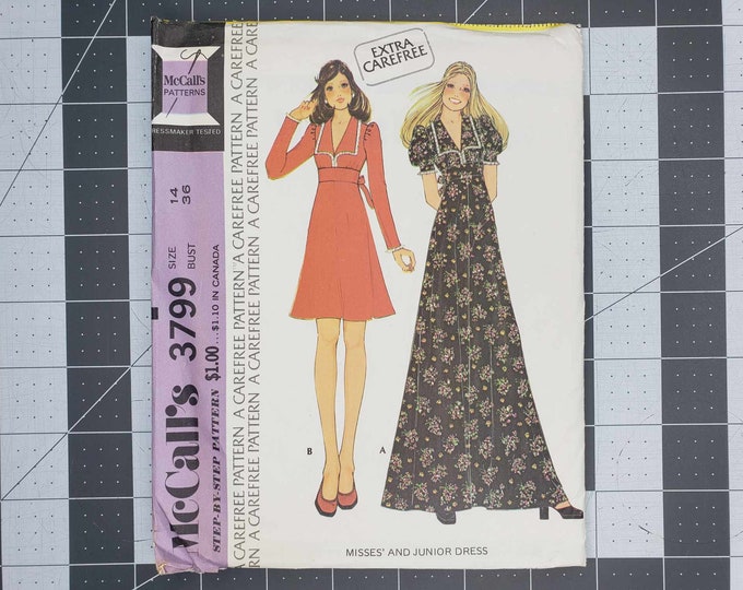 Retro 70's Mccall's Misses' and Junior Dress Sewing Pattern Number 3799 ...