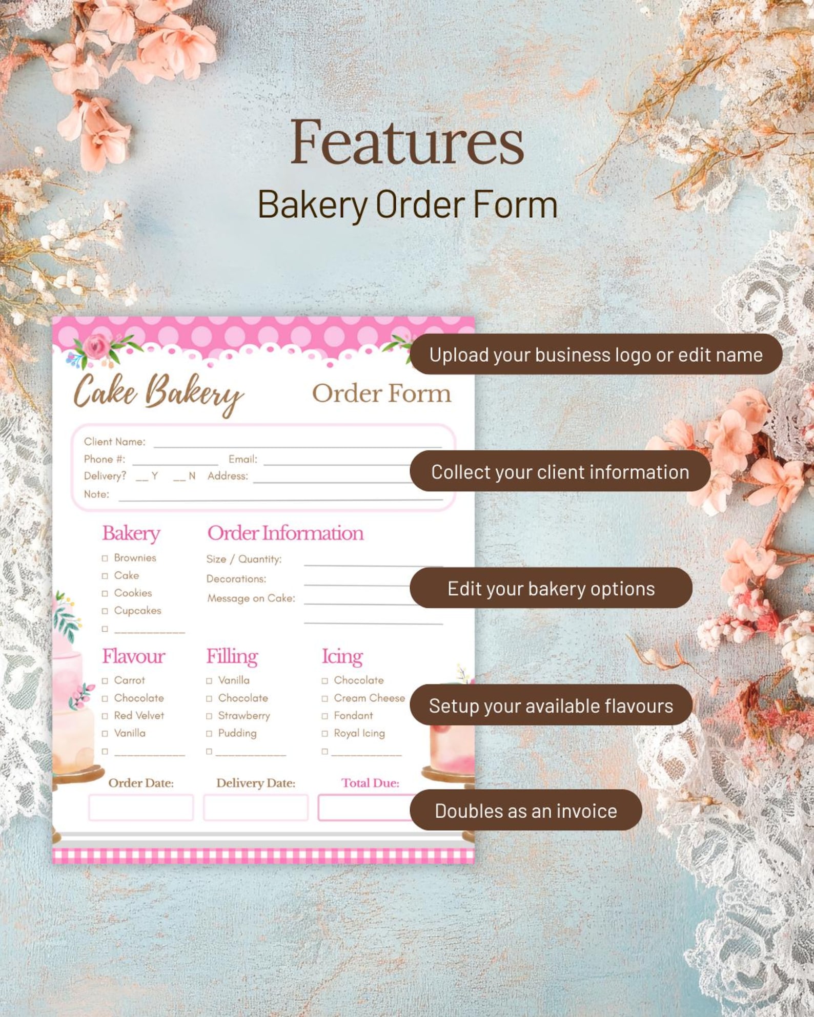 Cake Bakery Order Forms | 5 Colours Bundle | Instant Download ...