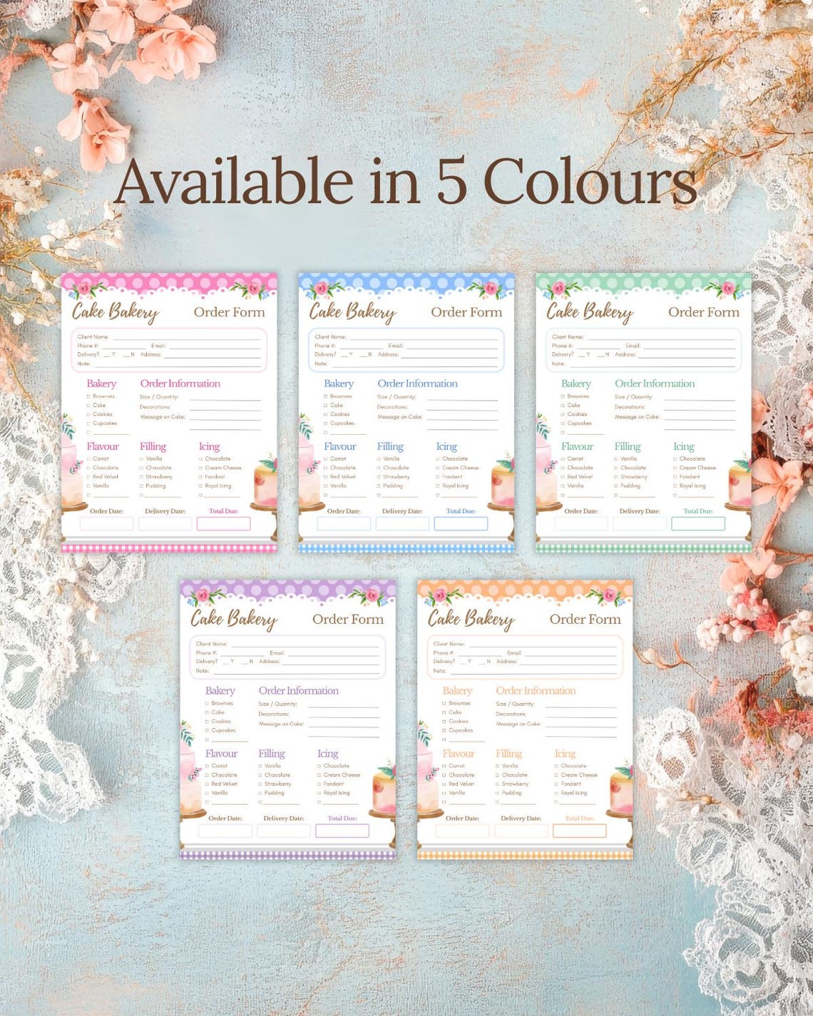 Cake Bakery Order Forms | 5 Colours Bundle | Instant Download ...