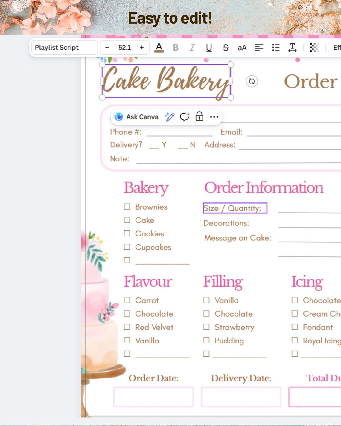 Cake Bakery Order Forms | 5 Colours Bundle | Instant Download ...