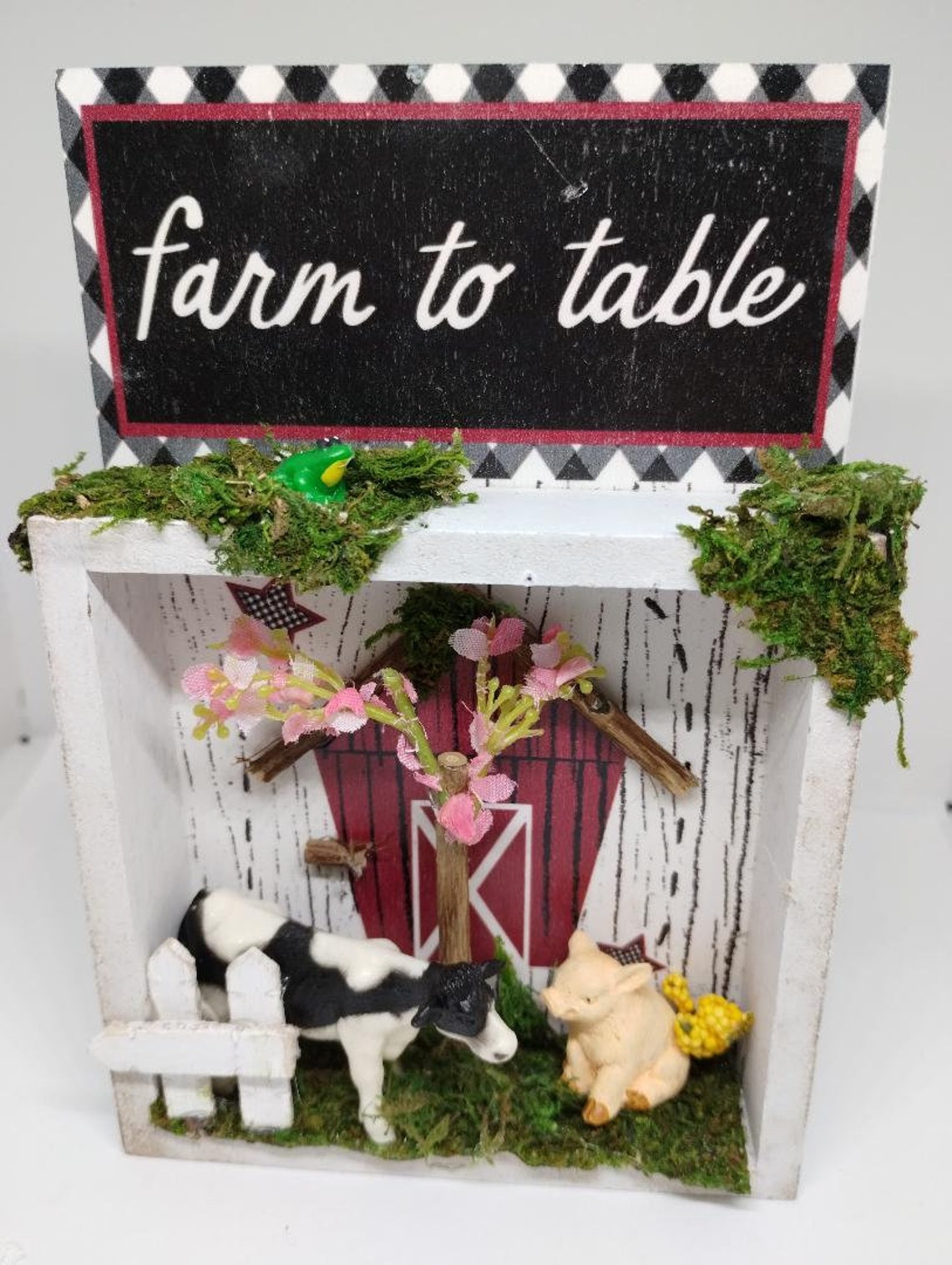 Glass Less Mini Shadow Box. Farm Scene. Cow and Pig. Tree and Moss ...