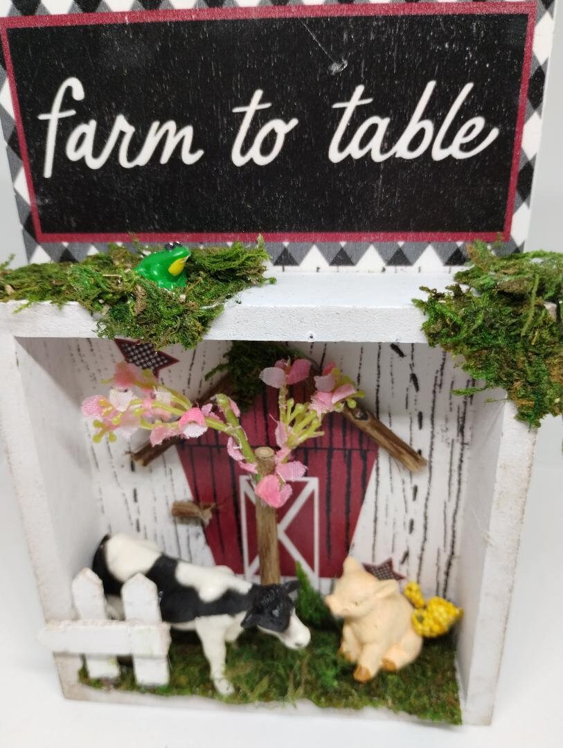 Glass Less Mini Shadow Box. Farm Scene. Cow and Pig. Tree and Moss ...