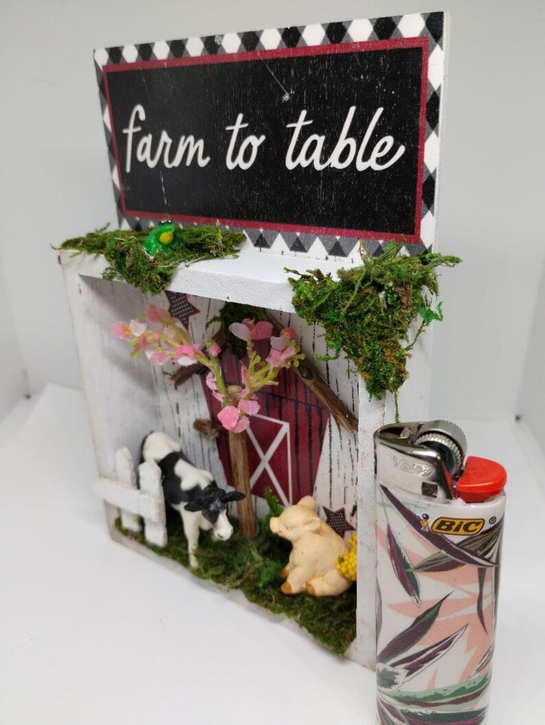 Glass Less Mini Shadow Box. Farm Scene. Cow and Pig. Tree and Moss ...