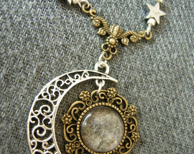 Lunar Silver Filigree Moon, Grey Planet Glass Cabochon Set in a Bronze ...