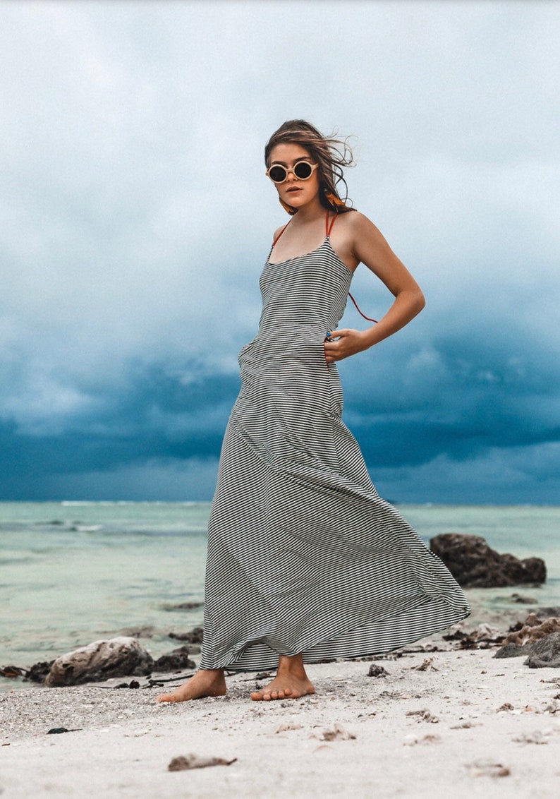 HOTARU Black and White Stripe Dress, Open Back Strap Dress, Maxi Dress ...