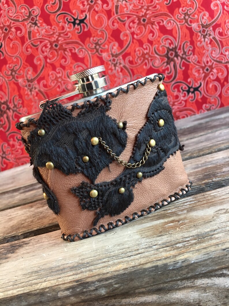 Mixed Leather Decorated Metal Flask With Decorative Eyelets Beads Studs ...