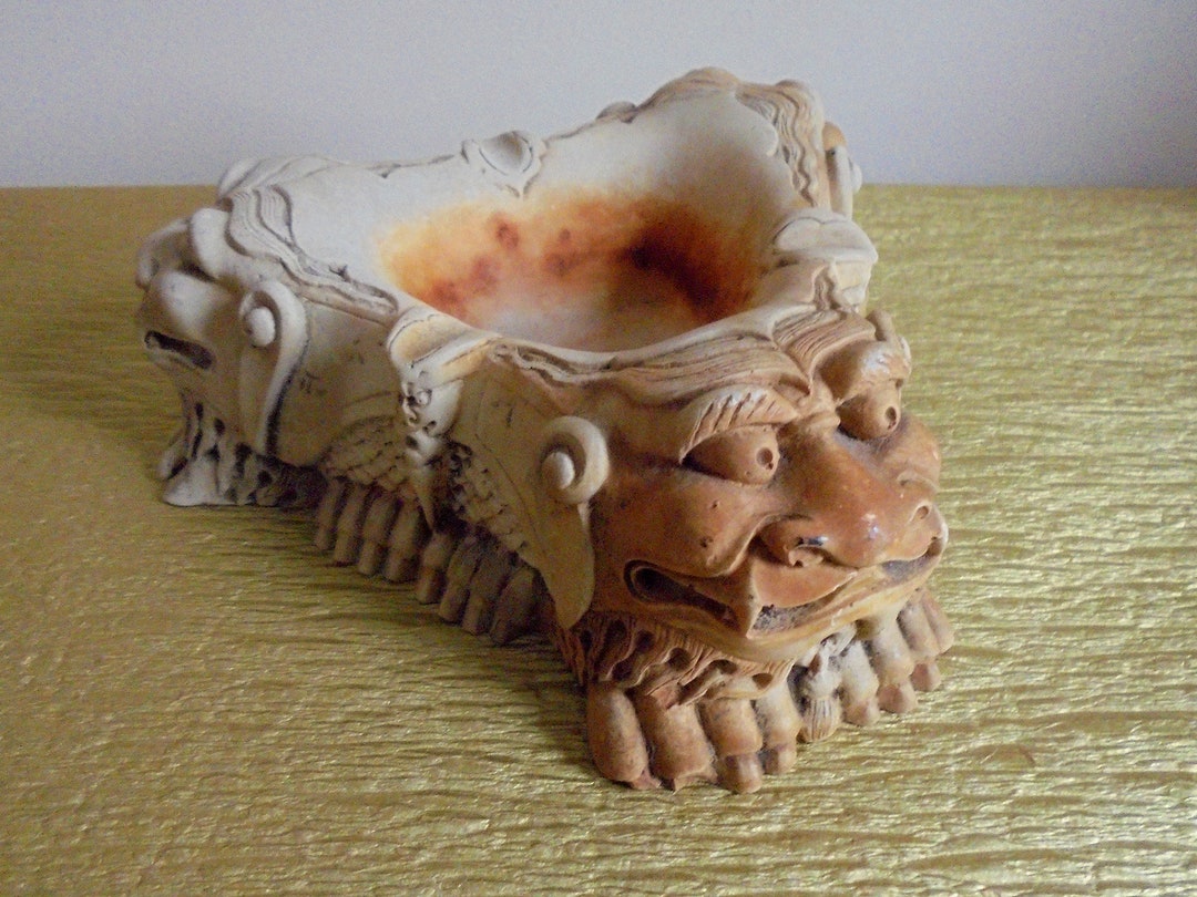 Chinese Vintage Foo Dogs Engraved Triangle Ashtray or Trinket Dish ...