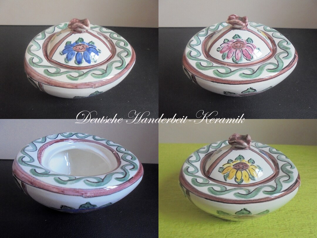 Handarbeit Pottery Floral Lidded Ashtray Hand Painted Three Colours of ...