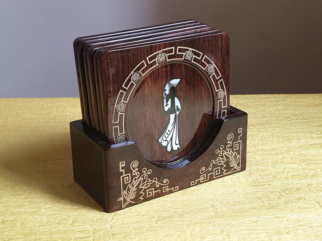 Vietnamese Vintage Ha Long Wooden Lacquered 6 Square Coasters in Holder ...